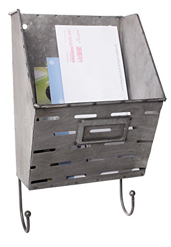 Red Co. 7.5” x 13” Galvanized Metal Wall-Mounted Pocket Organizer with 2 Hooks, Distressed Gray