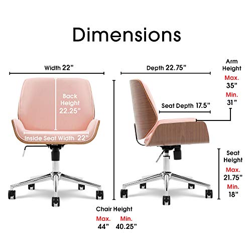 Elle Decor Ophelia Low-Back Task Modern Bentwood Home Office Armless Desk Chairs in Chrome Finish, French Pink 22.75D x 22W x 44H in