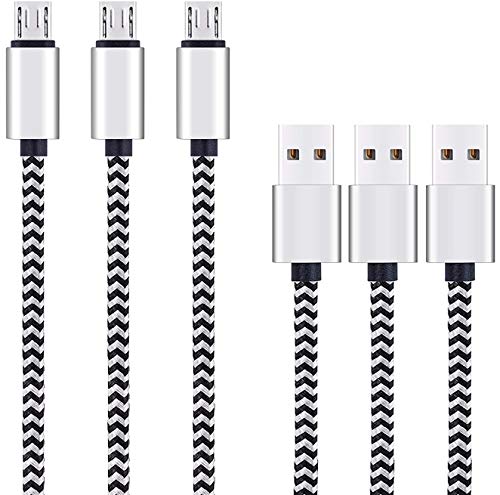 Ailun Micro USB Cable 10ft 3Pack High Speed 2.0 USB A Male to Micro USB Sync Charging Nylon Braided Cable for Android Phone Charger Cable Tablets Wall and Car Charger Connection Silver&Blackwhite