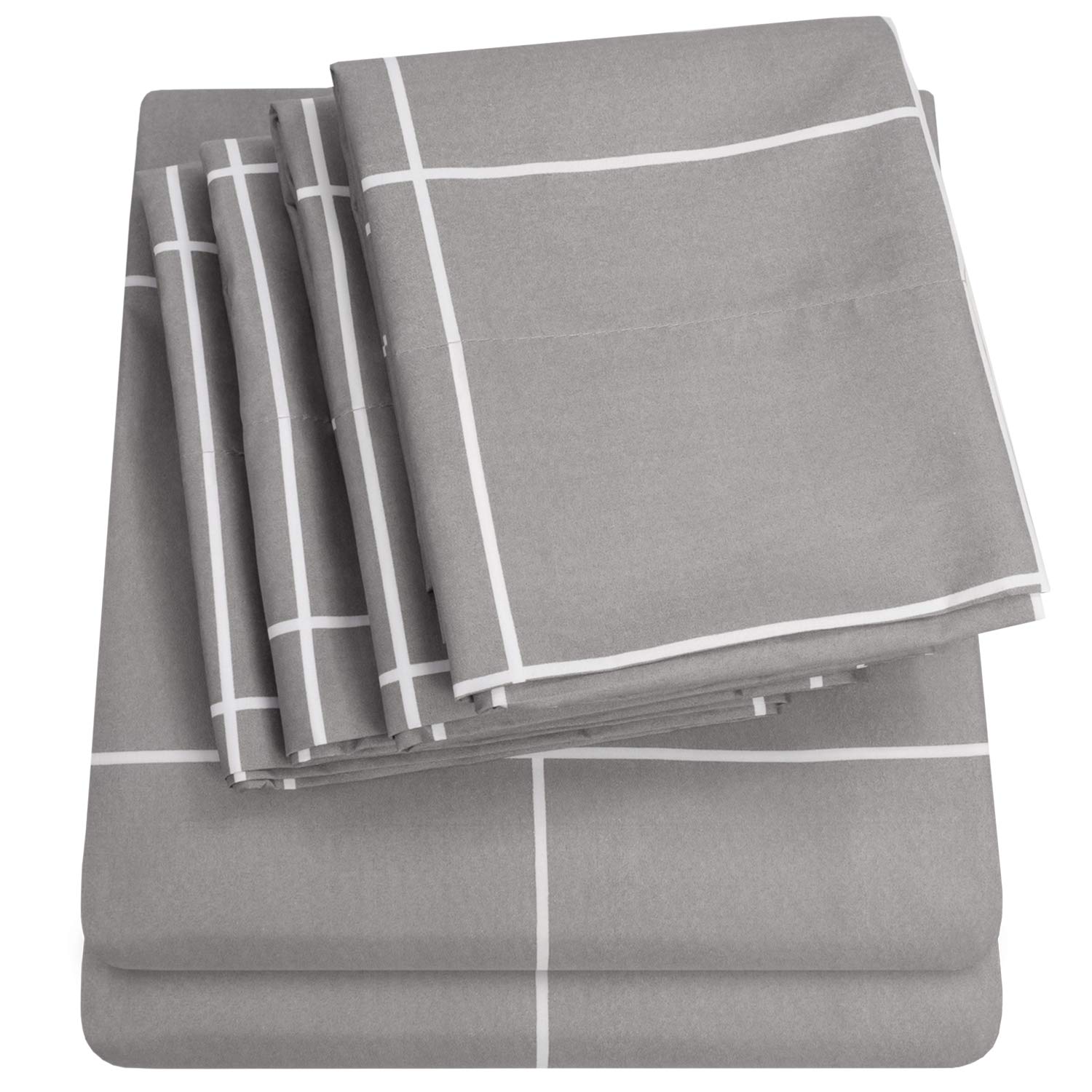 Queen Sheets Window Pane Gray - 6 Piece 1500 Supreme Collection Fine Brushed Microfiber Deep Pocket Queen Sheet Set Bedding - 2 Extra Pillow Cases, Great Value, Queen, Window Pane Gray