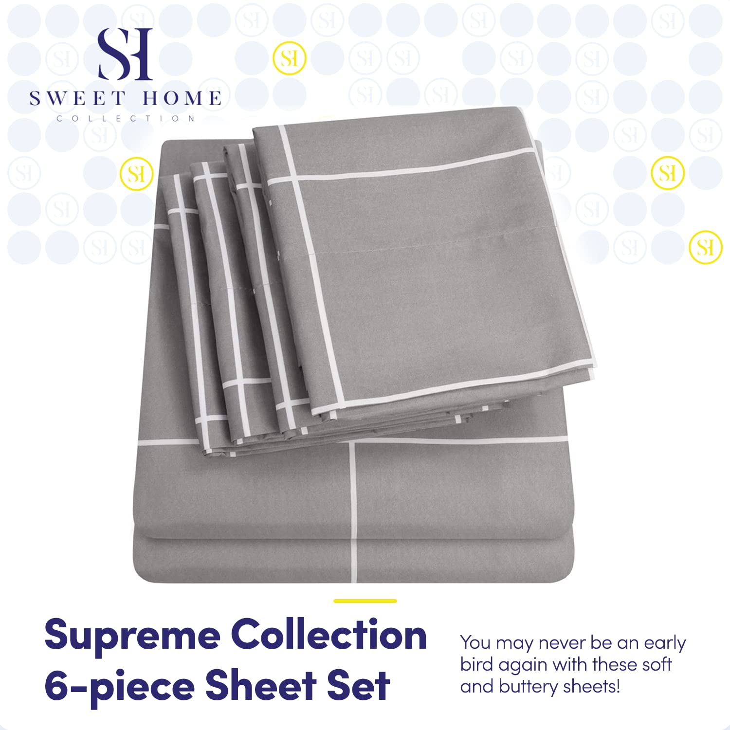 Queen Sheets Window Pane Gray - 6 Piece 1500 Supreme Collection Fine Brushed Microfiber Deep Pocket Queen Sheet Set Bedding - 2 Extra Pillow Cases, Great Value, Queen, Window Pane Gray