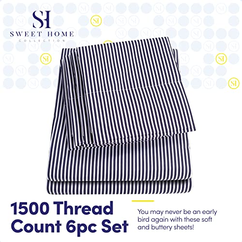 Full Size Bed Sheets - 6 Piece 1500 Supreme Collection Fine Brushed Microfiber Deep Pocket Full Sheet Set Bedding - 2 Extra Pillow Cases, Great Value, Full, Classic Stripe Navy