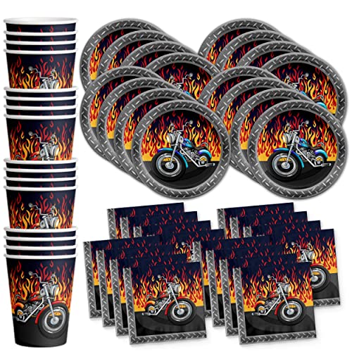 Motorcycle Biker Birthday Party Supplies Set Plates Napkins Cups Tableware Kit for 16