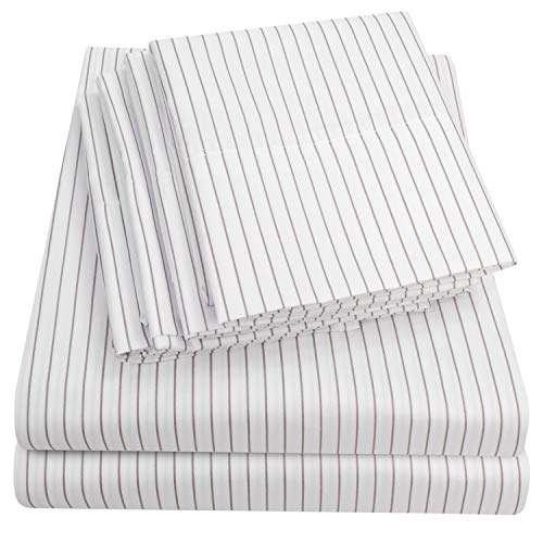 Twin Size Bed Sheets - 4 Piece 1500 Supreme Collection Fine Brushed Microfiber Deep Pocket Twin Sheet Set Bedding - 1 EXTRA PILLOW CASES, GREAT VALUE, Twin, Pinstripe White