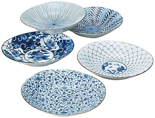 Liphontcta Traditional Japanese Ai-e (Ukiyo-e) Indigo Patterns Porcelain Plates (5 Plates Set) 31302 from Japan