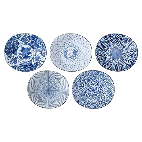 Liphontcta Traditional Japanese Ai-e (Ukiyo-e) Indigo Patterns Porcelain Plates (5 Plates Set) 31302 from Japan