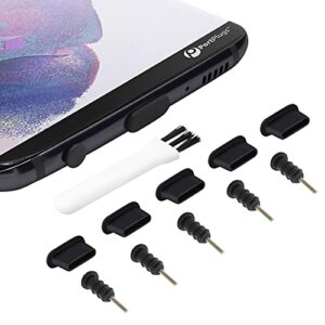 portplugs usb c dust plug set (5 pairs) compatible with samsung galaxy, note, pixel, android cell phones, macbook & more, type-c covers w/headphone plugs and cleaning brush (black)