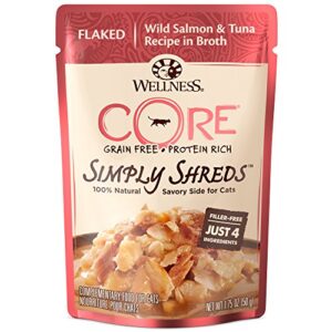 wellness core simply shreds natural grain free wet cat food mixer or topper, shredded wild salmon & tuna in broth, 1.75-ounce pouch (pack of 12)