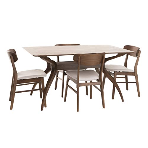 Christopher Knight Home Lucious Curved Leg Rectangular Dining Set, 5-Pcs Set, Natural Walnut / Light Beige