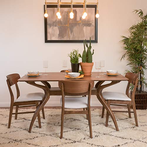 Christopher Knight Home Lucious Curved Leg Rectangular Dining Set, 5-Pcs Set, Natural Walnut / Light Beige