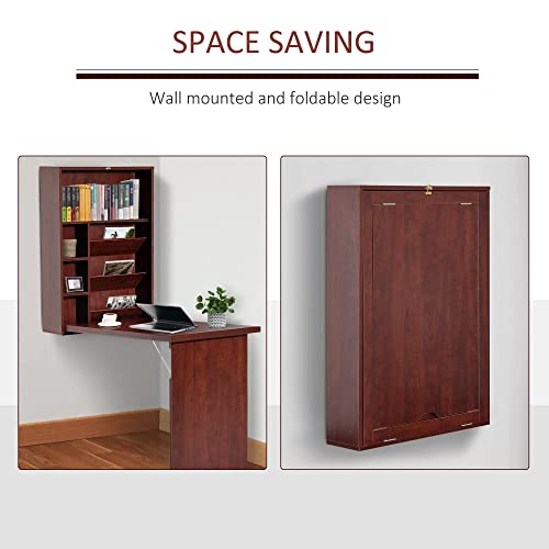 HOMCOM Compact Fold Out Wall Mounted Convertible Desk with Storage, Mahogany