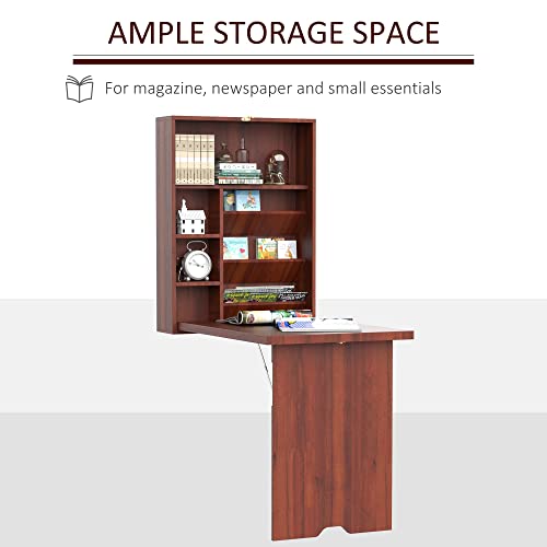 HOMCOM Compact Fold Out Wall Mounted Convertible Desk with Storage, Mahogany