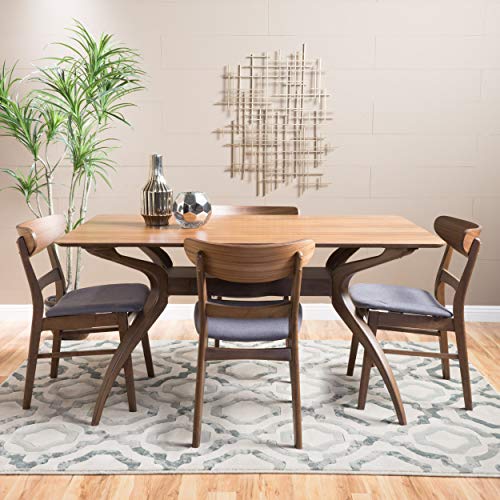 Christopher Knight Home Idalia Curved Leg Rectangular Dining Set, 5-Pcs Set, Natural Walnut / Dark Grey