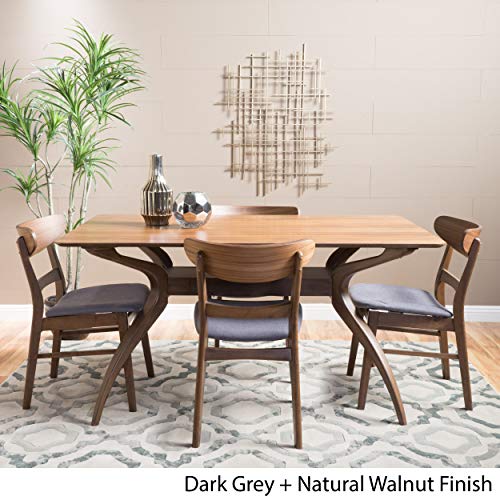 Christopher Knight Home Idalia Curved Leg Rectangular Dining Set, 5-Pcs Set, Natural Walnut / Dark Grey