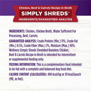 Wellness Bowl Boosters Simply Shreds Natural Grain Free Wet Dog Food Mixer or Topper, Chicken, Beef & Carrots, 2.8-Ounce Pouch(Pack of 12)