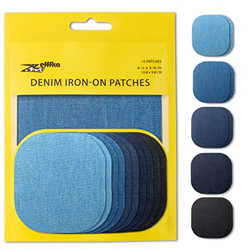 ZEFFFKA Premium Quality Denim Iron-on Jean Patches Inside & Outside Strongest Glue 100% Cotton Assorted Shades of Blue Black Repair Decorating Kit 10 Pieces Size 4-1/4" by 3-3/4" (9.8 cm x 10.8 cm)