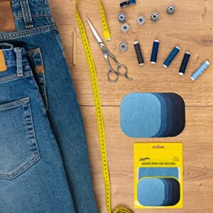 ZEFFFKA Premium Quality Denim Iron-on Jean Patches Inside & Outside Strongest Glue 100% Cotton Assorted Shades of Blue Black Repair Decorating Kit 10 Pieces Size 4-1/4" by 3-3/4" (9.8 cm x 10.8 cm)