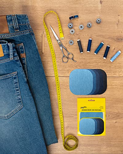 ZEFFFKA Premium Quality Denim Iron-on Jean Patches Inside & Outside Strongest Glue 100% Cotton Assorted Shades of Blue Black Repair Decorating Kit 10 Pieces Size 4-1/4" by 3-3/4" (9.8 cm x 10.8 cm)