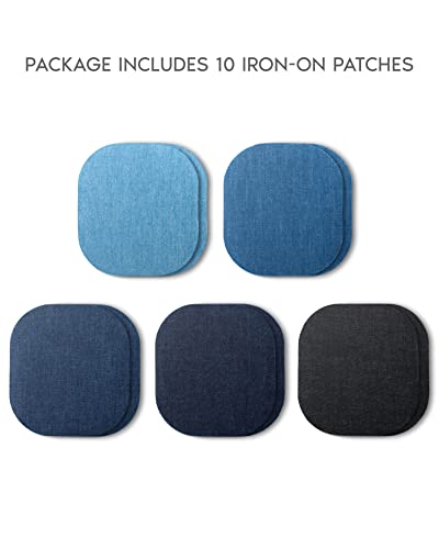 ZEFFFKA Premium Quality Denim Iron-on Jean Patches Inside & Outside Strongest Glue 100% Cotton Assorted Shades of Blue Black Repair Decorating Kit 10 Pieces Size 4-1/4" by 3-3/4" (9.8 cm x 10.8 cm)