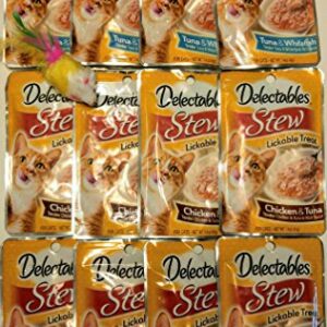 Delectables Stew Lickable Treats Variety Bundle Pack of 12. (4) Tuna & Whitefish, (4) Chicken & Tuna, (4) Tuna & Shrimp. 1.4 oz Each - Bonus Mouse Toy Included (Color May Vary)