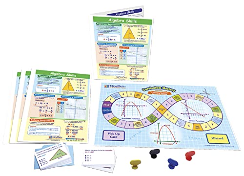 NewPath Learning 23-6980 Algebra Skills Learning Center Game (Grades 6-9) - Game Board, 30 Illustrated Game Cards and Four 4-Panel, Laminated “Write-On/Wipe-Off” Learning Guides