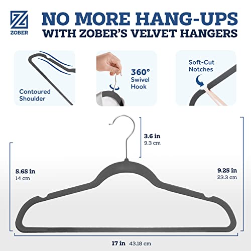 Zober Velvet Hangers 50 Pack - Heavy Duty Gray Hangers for Coats, Pants & Dress Clothes - Non Slip Clothes Hanger Set - Space Saving Felt Hangers for Clothing