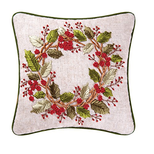 C&F Home Berry Wreath Christmas Botanical Holiday Xmas Handcrafted Red Green Premium Ribbon Cotton Art Throw Pillow 12 x 12 Multi