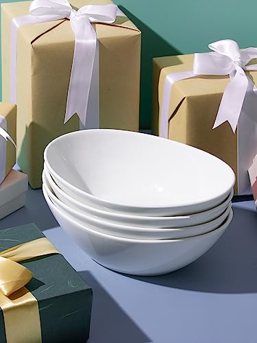 LIFVER 9" Serving Bowls, Porcelain Large Serving Dishes, 36 Ounce for Salads, Side Dishes, Pasta, Oval Shape, Microwave & Dishwasher Safe, Good Size for Dinner Parties, Set of 4, White