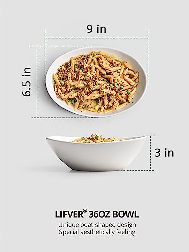 LIFVER 9" Serving Bowls, Porcelain Large Serving Dishes, 36 Ounce for Salads, Side Dishes, Pasta, Oval Shape, Microwave & Dishwasher Safe, Good Size for Dinner Parties, Set of 4, White