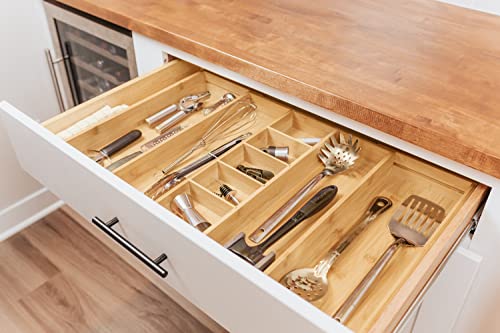 KitchenEdge Adjustable Kitchen Drawer Organizer for Utensils and Junk, Expandable to 28 Inches Wide, 9 Compartments, 100% Bamboo