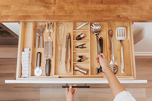 KitchenEdge Adjustable Kitchen Drawer Organizer for Utensils and Junk, Expandable to 28 Inches Wide, 9 Compartments, 100% Bamboo