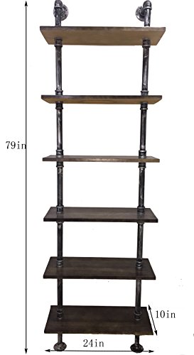 WGX Design For You Industrial 6-Tiers Modern Ladder Shelf Bookcase,Wood Storage Shelf,Display Shelving, Wall Mounted Wood Shelves, Metal Wood Shelves Bookshelf Vintage Wrought Iron Finish