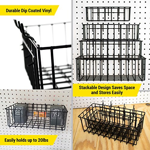 ToolAssort Pegboard Basket Set of 4, Hooks Easily to Arrange Accessories, Organizer Bins Transform any Garage, Crafts Room, Nursery or Kitchen, Black Vinyl Coated Wire Basket Kit