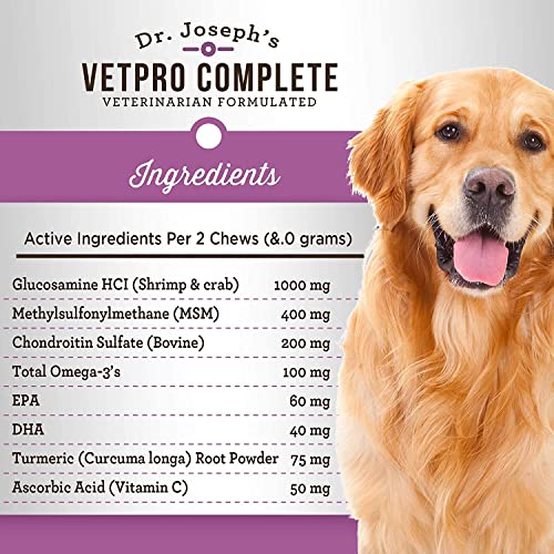 VetPro Dog Hip and Joint Supplement - Pain and Inflammation Relief Chews with Glucosamine, Chondroitin, MSM, Turmeric, Vitamin C, Omega 3 - Treats Hip Dysplasia, Arthritis - Dogs Chewable Supplements