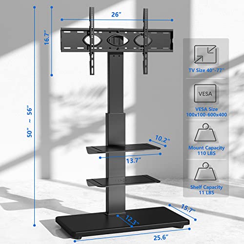 Rfiver Swivel Floor TV Stand with Mount, Wood Base and 2 Flexible Media Shelves for 40 43 49 50 55 60 65 70 75 77 Inch Flat Screens/Curved TVs, Height Adjustable Corner TV Stand for Bedroom and Office