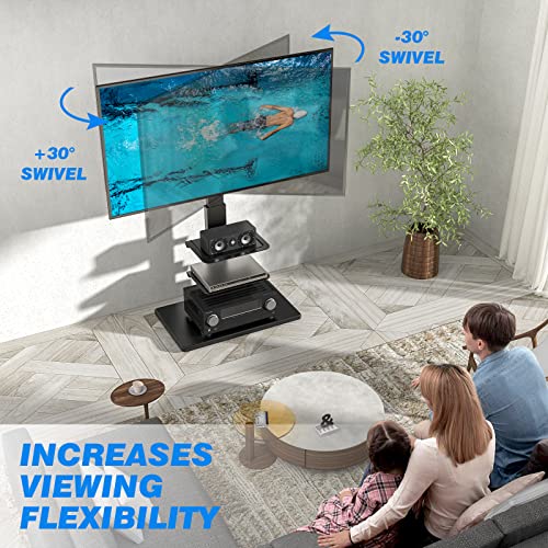 Rfiver Swivel Floor TV Stand with Mount, Wood Base and 2 Flexible Media Shelves for 40 43 49 50 55 60 65 70 75 77 Inch Flat Screens/Curved TVs, Height Adjustable Corner TV Stand for Bedroom and Office