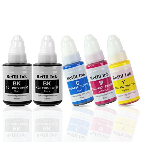 5PK Dye Refill Ink 70ml Compatible with GI-290 (2X Black 135ml / 1X Cyan Magenta Yellow 70ml) by ALLINKTONERPIXMA G4200, PIXMA G3200, PIXMA G2200, PIXMA G1200 Printers