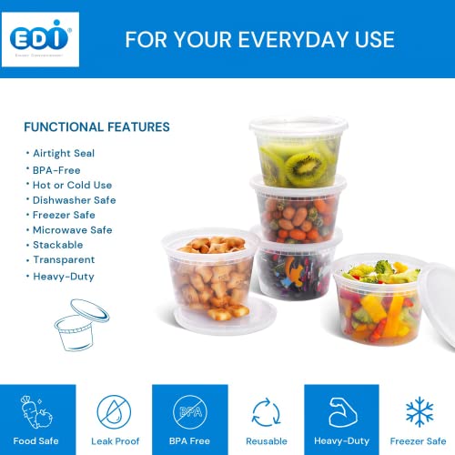 EDI [16 OZ, 50 Sets] Plastic Deli Food Storage Containers with Airtight Lids | Microwave-, Freezer-, Dishwasher-Safe | BPA Free | Heavy-Duty | Meal Prep | Leakproof | Recyclable