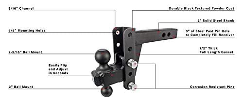 BulletProof Hitches 2.0" Adjustable Extreme Duty (30,000lb Rating) 6" Drop/Rise Trailer Hitch with 2" and 2 5/16" Dual Ball (Black Textured Powder Coat, Solid Steel)