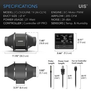 AC Infinity CLOUDLINE T4, Quiet 4” Inline Duct Fan with Temperature Humidity Controller, Bluetooth App - Ventilation Exhaust Fan for Heating Cooling Booster, Grow Tents, Hydroponics