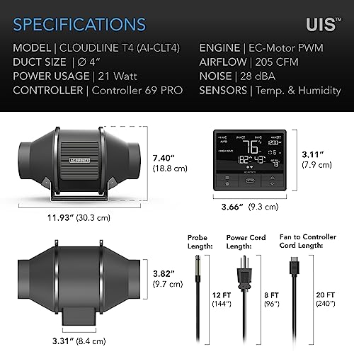 AC Infinity CLOUDLINE T4, Quiet 4” Inline Duct Fan with Temperature Humidity Controller, Bluetooth App - Ventilation Exhaust Fan for Heating Cooling Booster, Grow Tents, Hydroponics