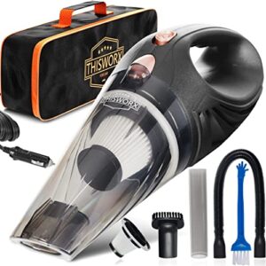 thisworx car vacuum cleaner - car accessories - small 12v high power handheld portable car vacuum w/attachments, 16 ft cord & bag - detailing kit essentials for travel, rv camper