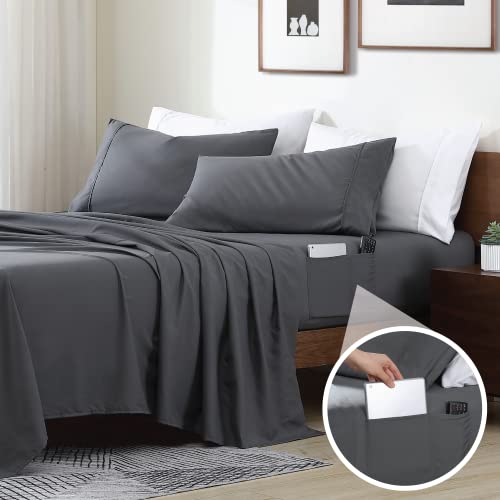 Swift Home Smart Sheets, Ultra Soft Brushed Microfiber 4-Piece Sheet Set, Fitted Bed Sheet with Side Storage Pockets – Grey, Queen