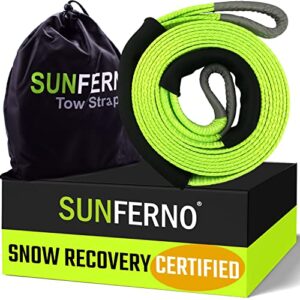 sunferno recovery tow strap 35000lb - recover your vehicle stuck in mud/snow - heavy duty 3" x 20' winch snatch strap - protective loops, water-resistant - off road truck accessory - storage bag