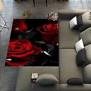 Unique Carpet Floor Rugs Mat for Home Living Dining Room Playroom Decoration,Fire Red Rose and Black Leaves Area Rugs 7'x5'