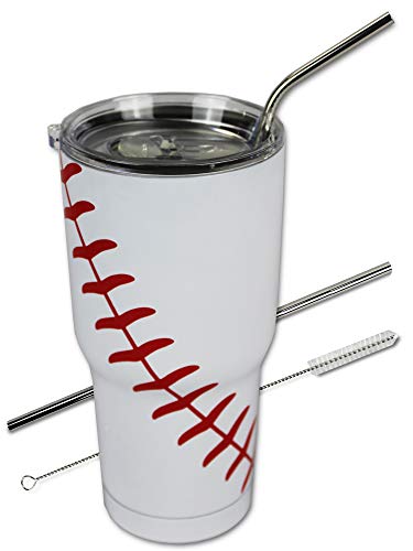 Urbanifi Baseball Tumbler 30 oz Cup with Straw, Lid, and Cleaner Gift for Mom Men Sports Travel Coffee Mug, Stainless Steel, Insulated, Powder Coat Paint Protection, Keep Drinks Cold and Hot