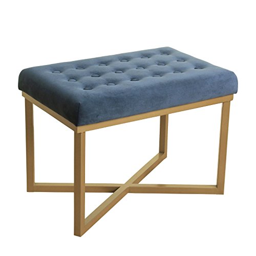 Homepop Home Decor | Upholstered Tufted Velvet Ottoman Bench | Ottoman Bench for Living Room & Bedroom, Blue, 24 x 16 x 17-1/2 inches high