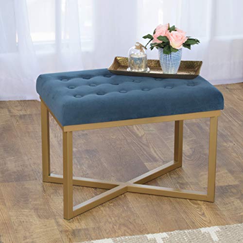 Homepop Home Decor | Upholstered Tufted Velvet Ottoman Bench | Ottoman Bench for Living Room & Bedroom, Blue, 24 x 16 x 17-1/2 inches high