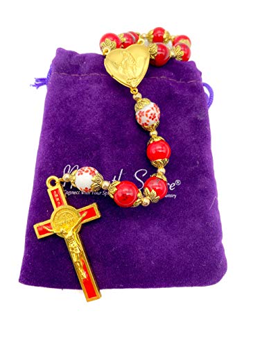 Nazareth Store Saint Benedict Red Rosary Beads Catholic Necklace Flowers Mystery Bead Miraculous Medal Locket Cross Prayer Rosarios Catolicos