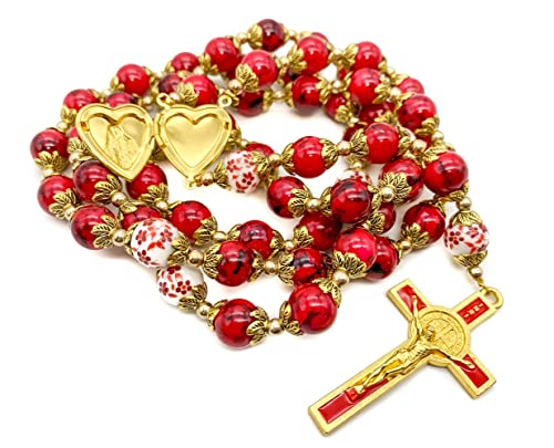 Nazareth Store Saint Benedict Red Rosary Beads Catholic Necklace Flowers Mystery Bead Miraculous Medal Locket Cross Prayer Rosarios Catolicos